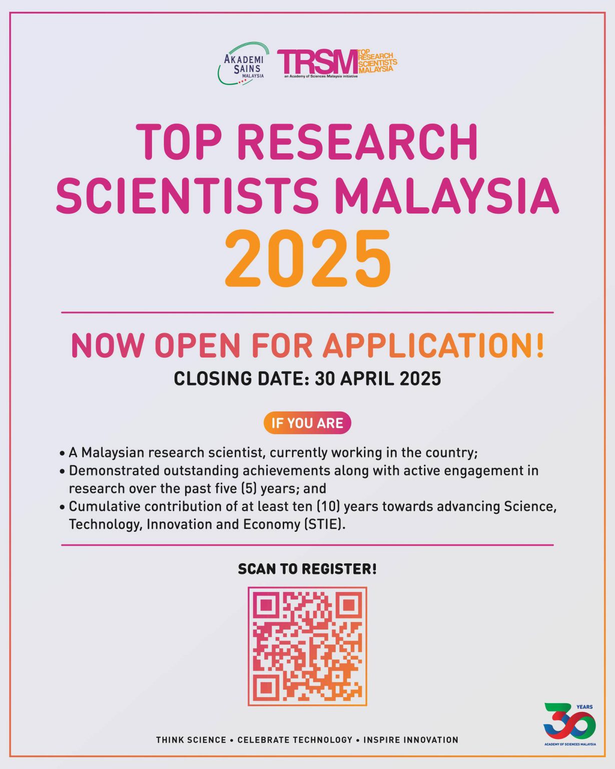 Call for Applications: Top Research Scientists Malaysia 2025 - ASM FOCUS